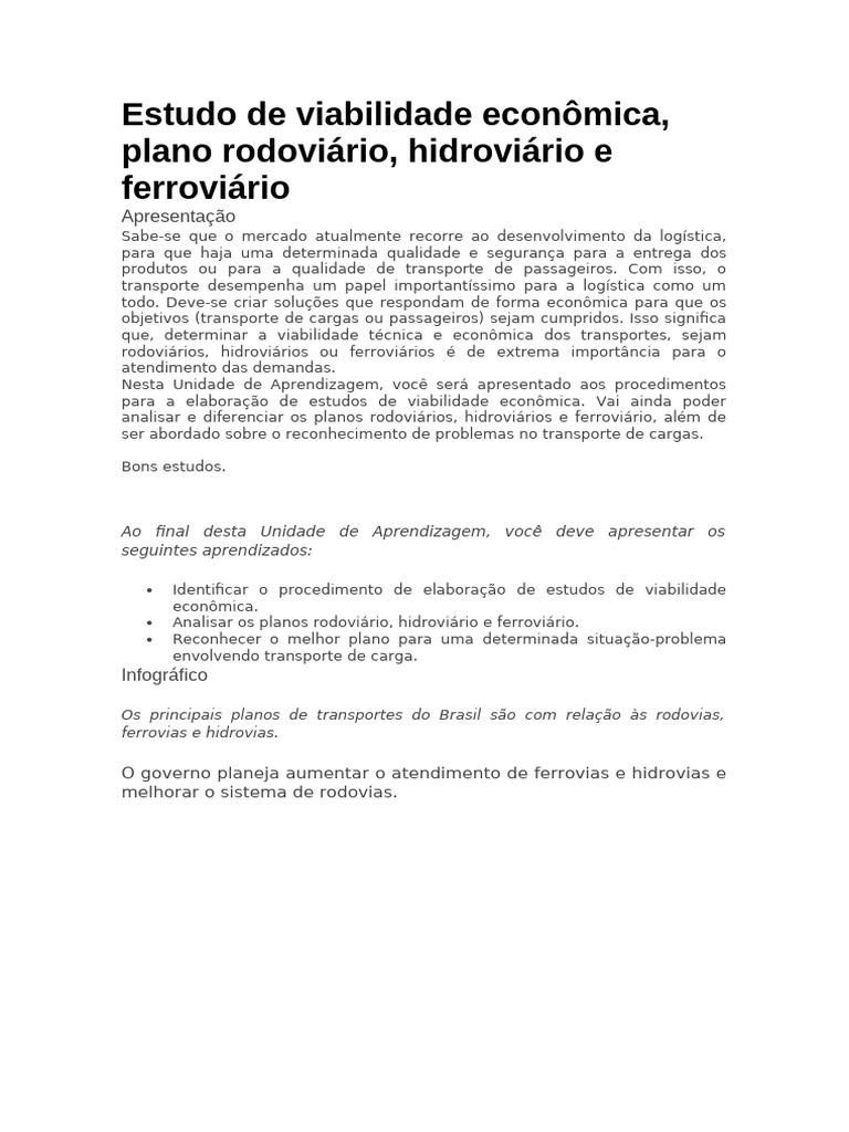 Estudo de Viabilidade Econômica | PDF | Tráfego | Transporte ferroviário