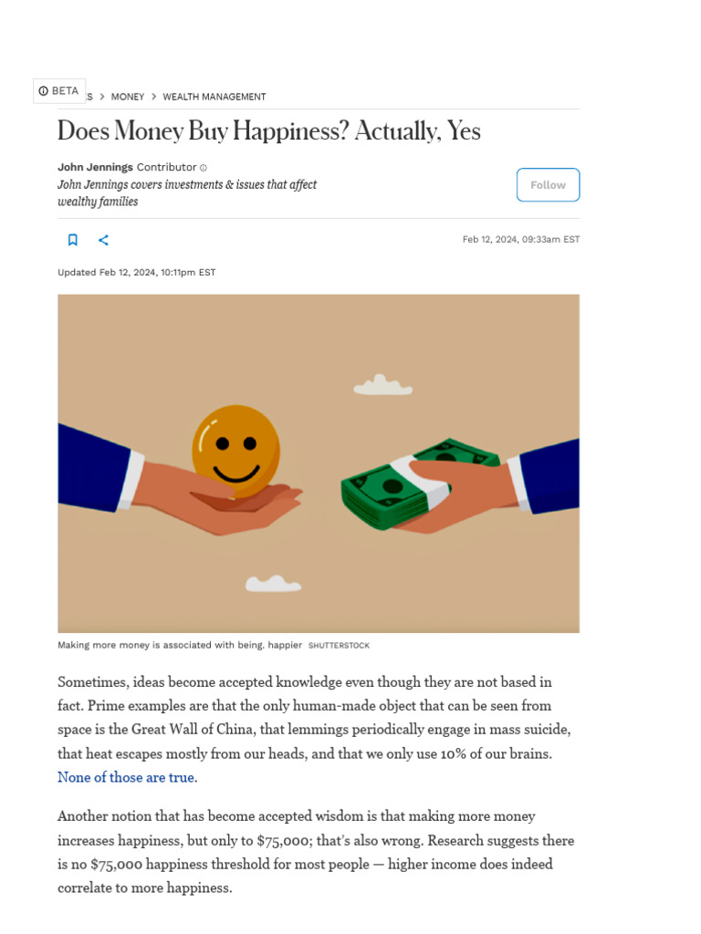 Does Money Increase Happiness? Insights | PDF | Happiness | Psychology