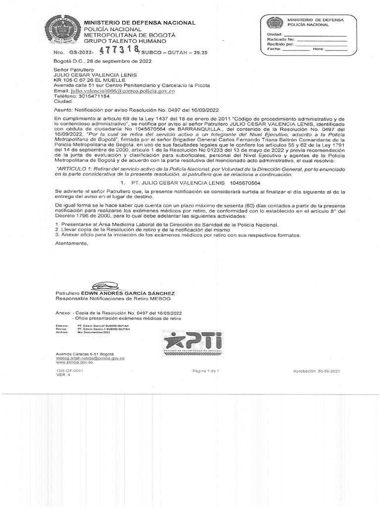 Notificacion Por Aviso PT Julio Cesar Valencia Lenis Resolucion 0497 ...