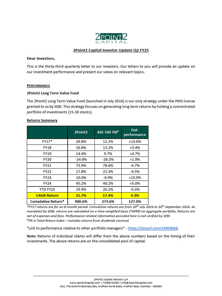 2point2 Capital - Investor Update Q2 FY25 | PDF | Dividend | Capital ...