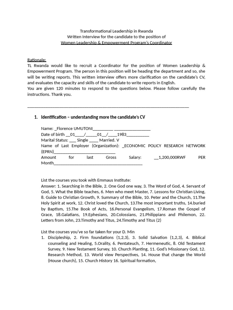 Women Leadership Program Coordinator Interview | PDF | Jesus ...