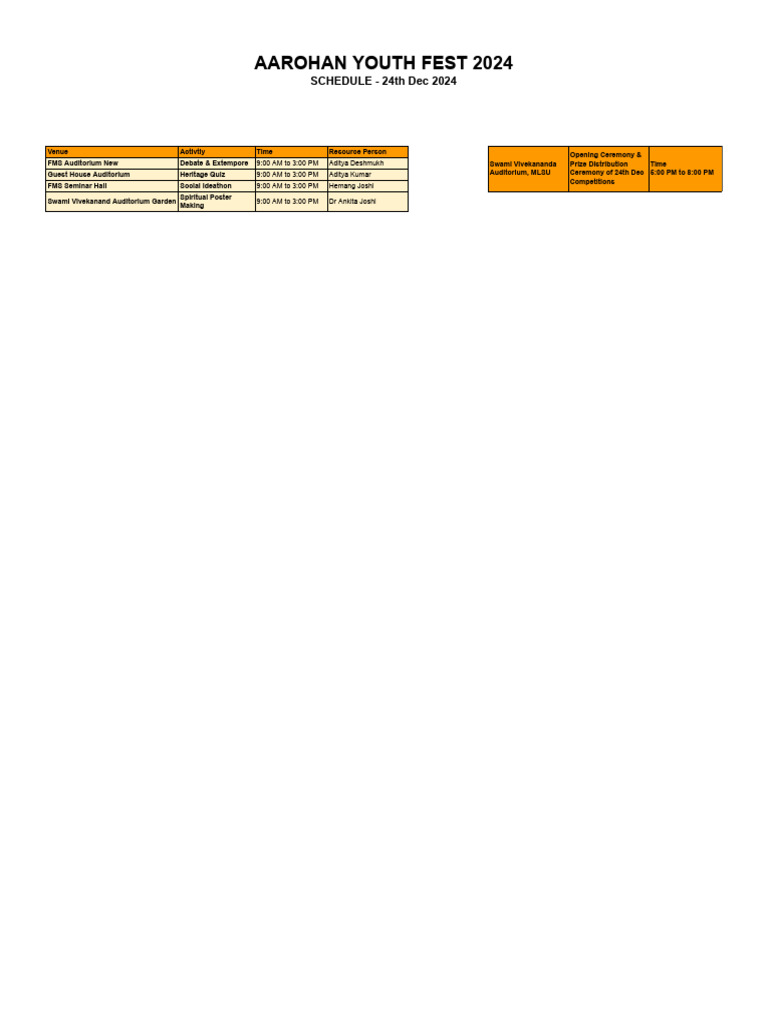 Aarohan Youth Fest Schedule 24-25 Dec 2024 | PDF