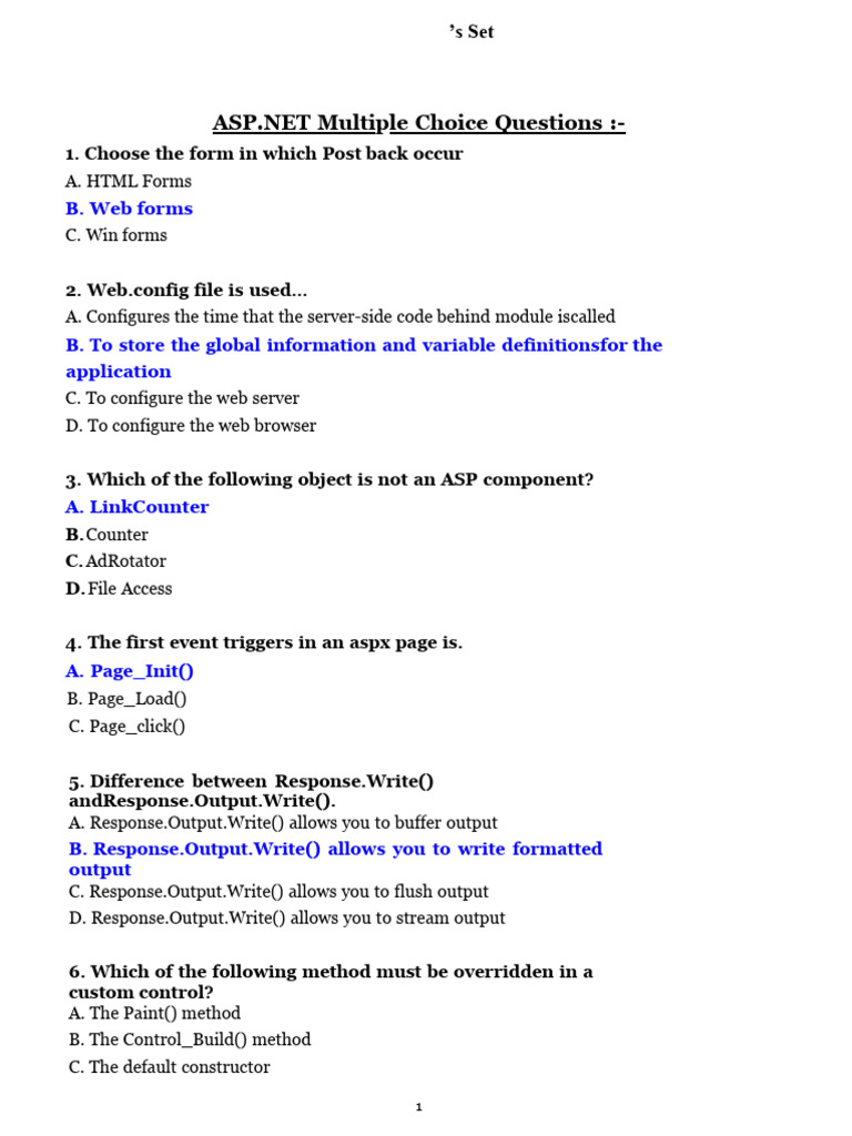 ASP.NET MCQs Practice Set 2021-22 | PDF | World Wide Web | Internet & Web