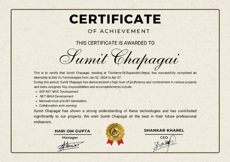 Certificate Sumit Chapagai (1) 5 | PDF
