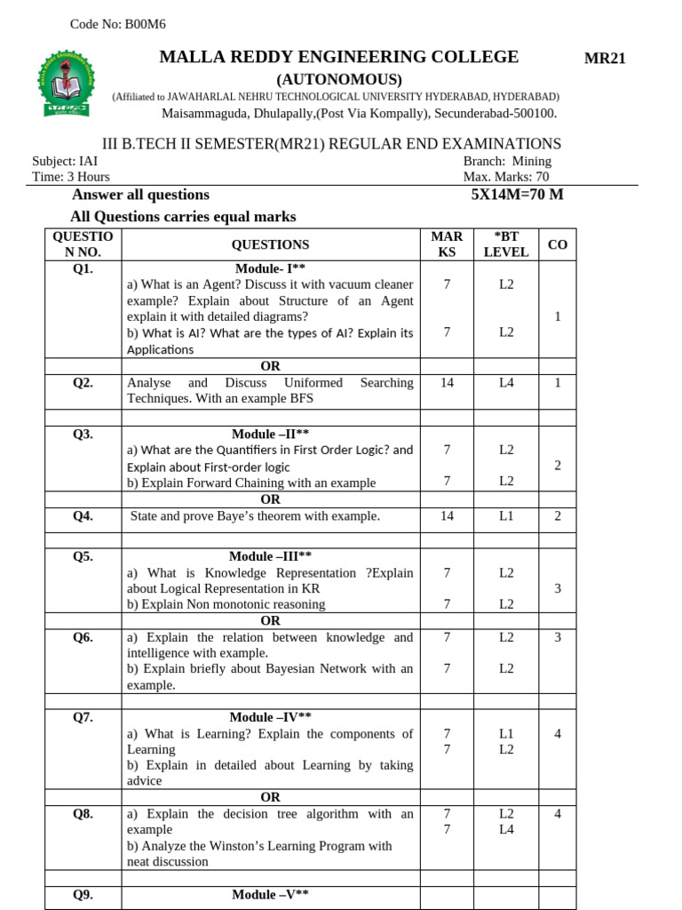 AI MODEL Question PAPER | PDF | Artificial Intelligence | Intelligence ...