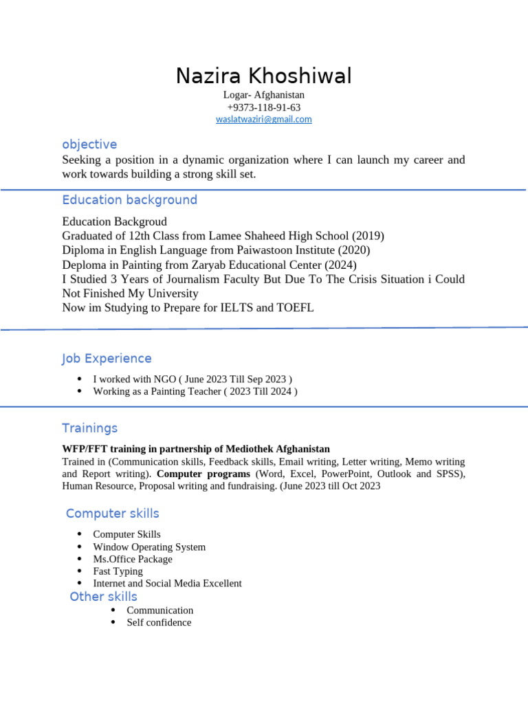 Nazira Khoshiwal's CV and Skills Summary | PDF