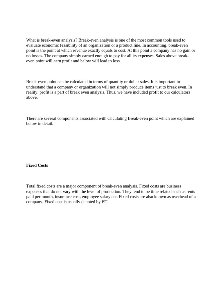 Notes Break Even Analysis Pdf Economies Financial Economics