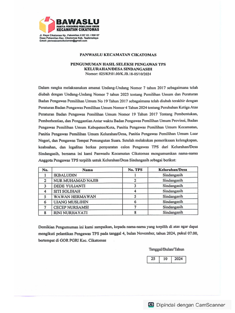 Pengumuman PTPS Sindangasih | PDF