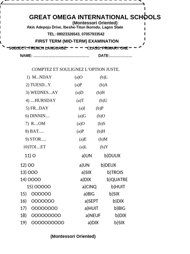 French Exam Papers for Primary Classes | PDF