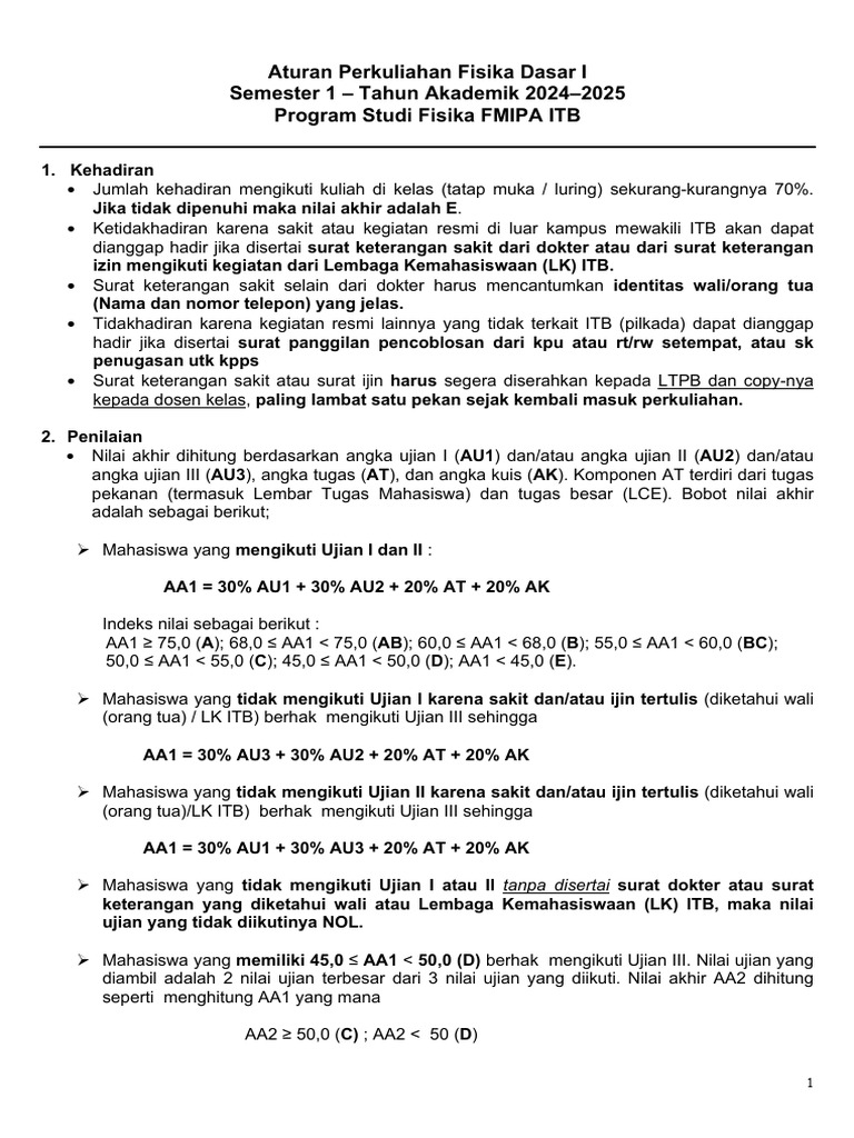 Aturan Perkuliahan Fisika Dasar I ITB | PDF