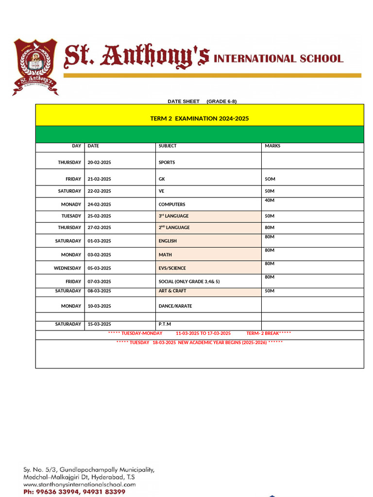 Term 2 Date Sheet Grade 6-8 | PDF