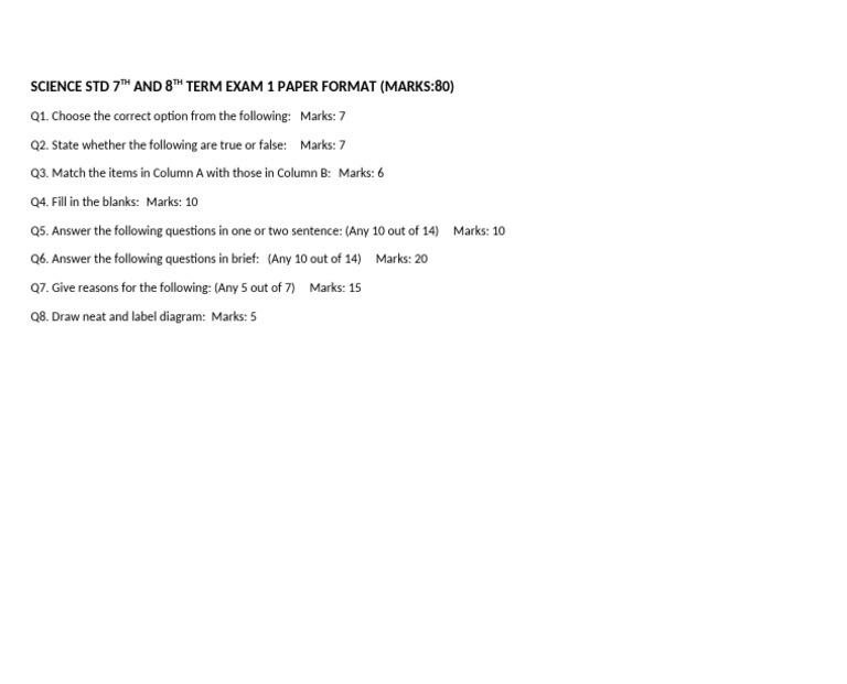 Science Std 7th and 8th Term Exam 1 Paper Format | PDF