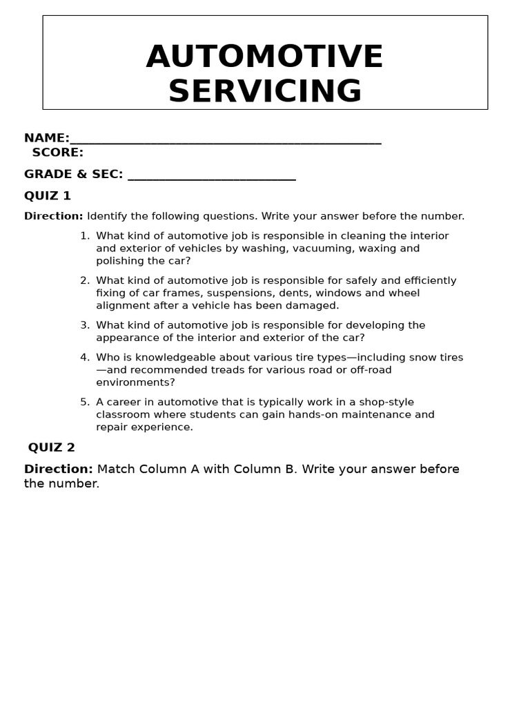 Automotive Servicing Quiz Series | PDF