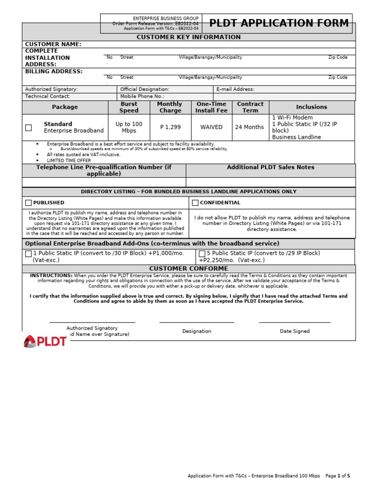 PLDT Enterprise Broadband Form | PDF | Privacy | Indemnity