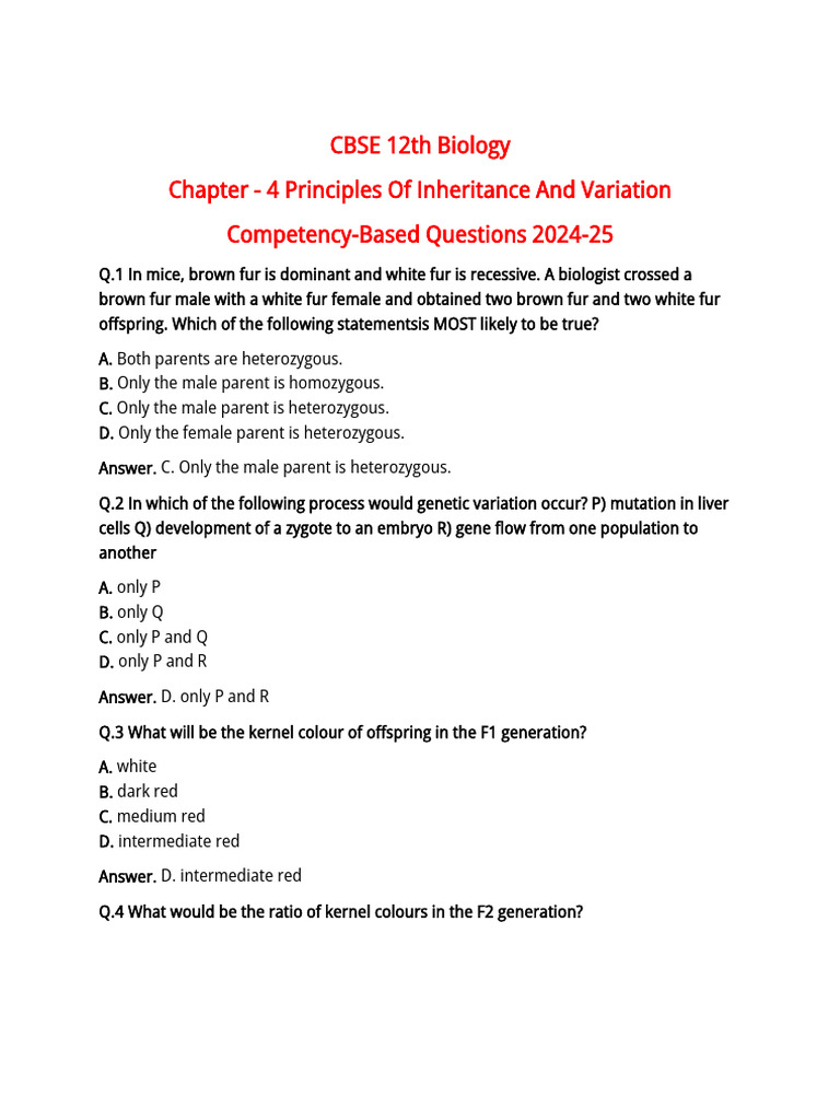 Principles of Inheritance and Variation - Important Competency-Based ...