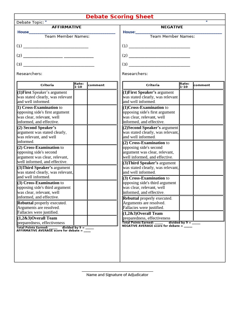 Team Policy Debate Scoring Guide | PDF