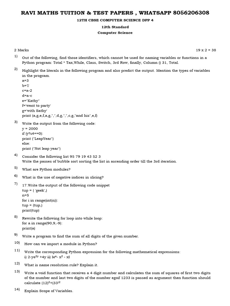 12th Cbse Computer Science DPP 4 Q | PDF | Control Flow | Python (Programming Language)