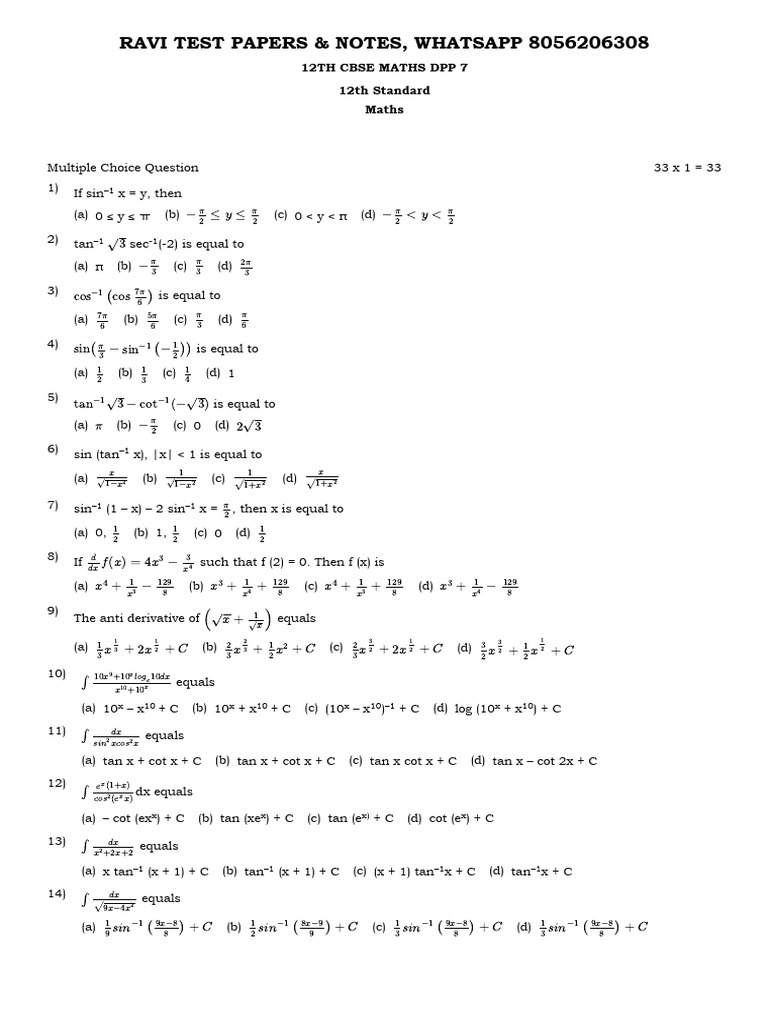 12th Cbse Maths Dpp 7q Pdf Student Assessment And Evaluation