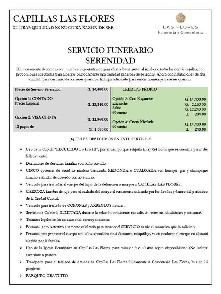 Servicio Funerario Serenidad en Capillas Las Flores | PDF