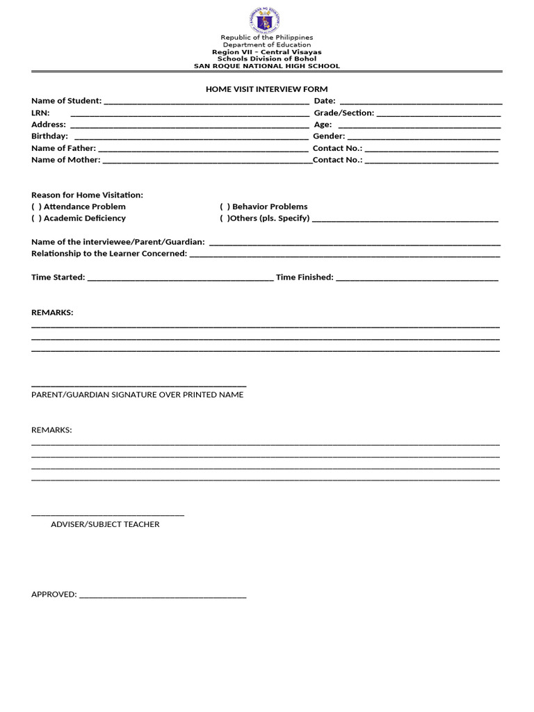 HOME VISIT INTERVIEW FORM | PDF