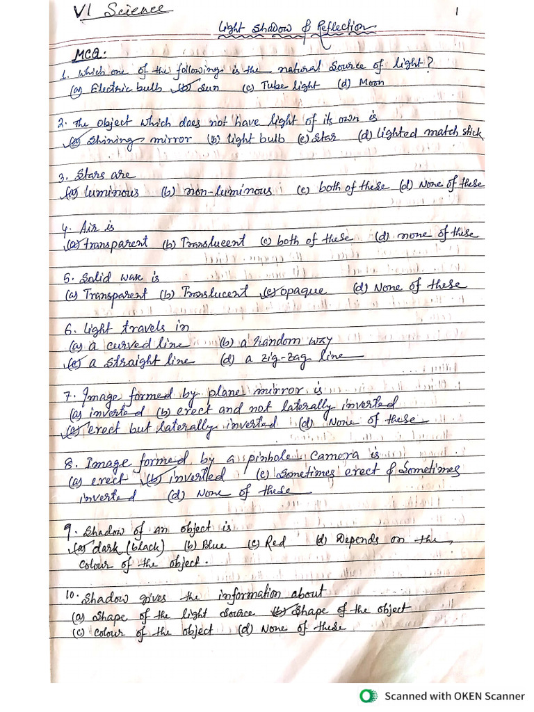 class 6 ,science, light ,shadow and reflection all notes. | PDF