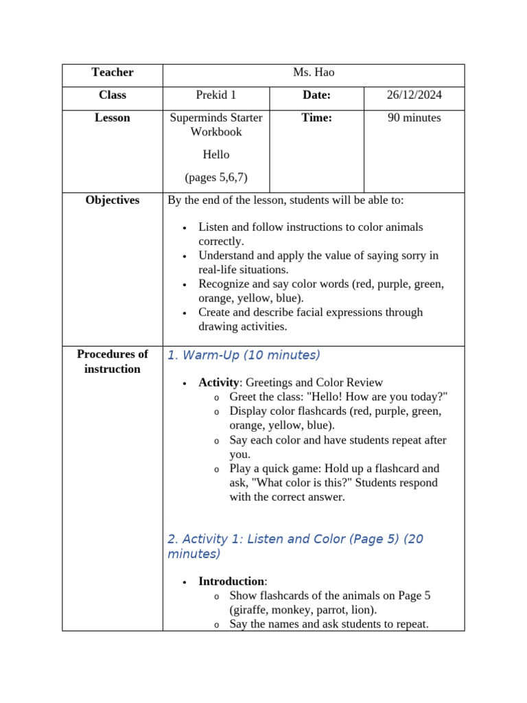 Lesson Plan Superminds Starter Workbook Pages 5, 6, 7 | PDF | Cognition ...
