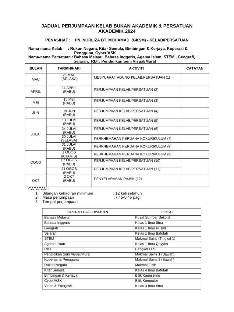 Jadual Perjumpaan Kelab Persatuan | PDF