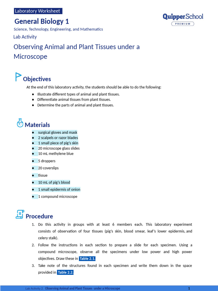 BIO1-11_12-Q1-02-LW-FD | PDF | Tissue (Biology) | Laboratory Techniques