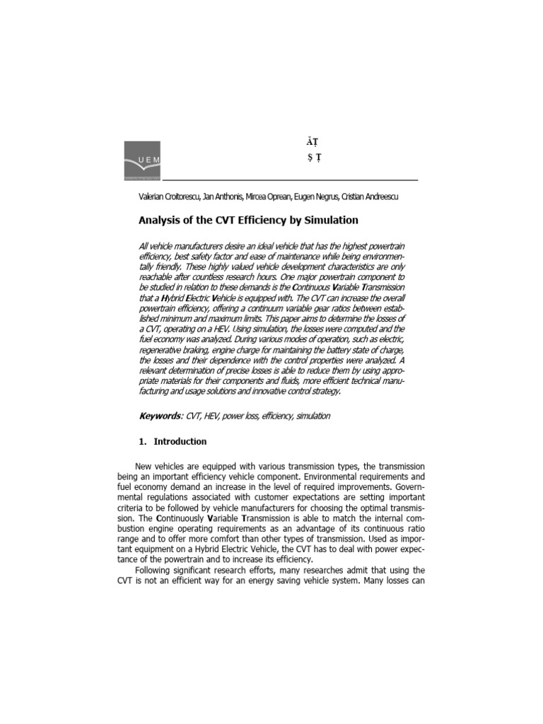 CVT Efficiency Analysis in HEVs | PDF | Belt (Mechanical) | Engines