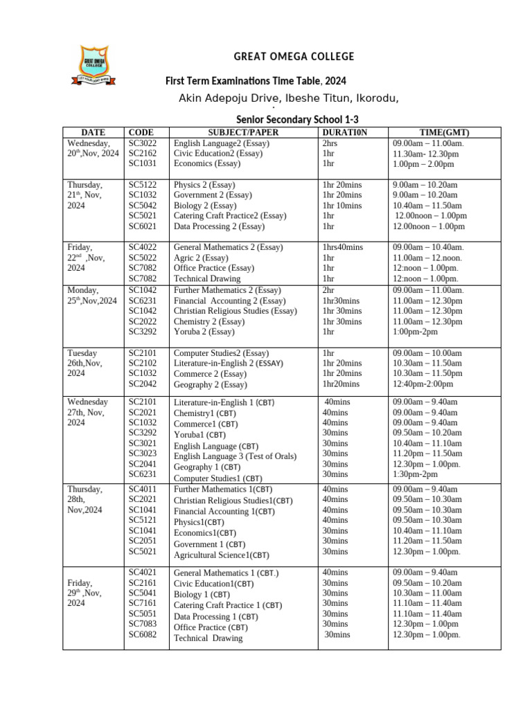 FIRST TERM EXAMINATIONS Time Table | PDF