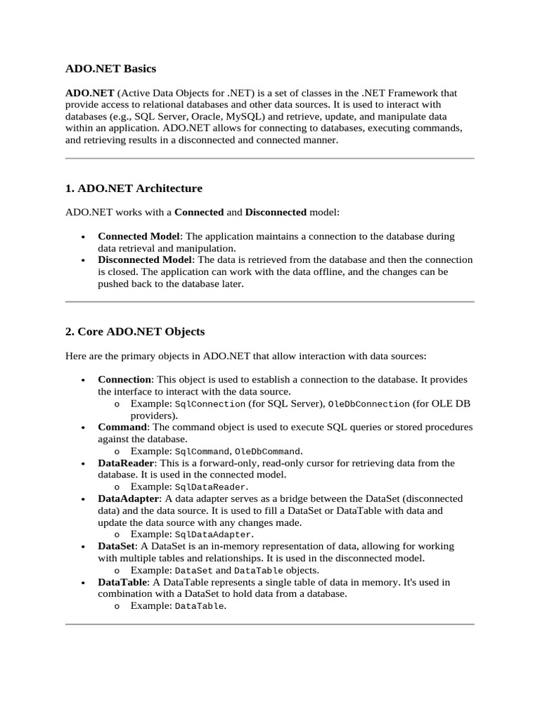 ADO.NET BASICS (1) | PDF | Databases | Active X Data Objects