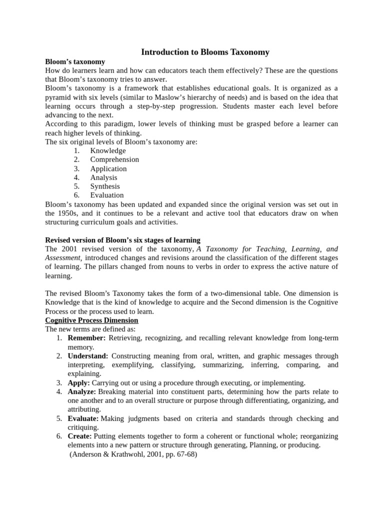 Introduction To Blooms Taxonomy | PDF | Knowledge | Learning