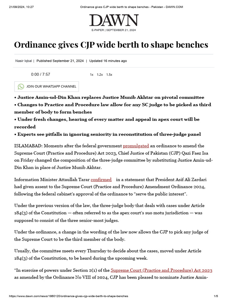 Ordinance Gives CJP Wide Berth To Shape Benches - Pakistan | PDF