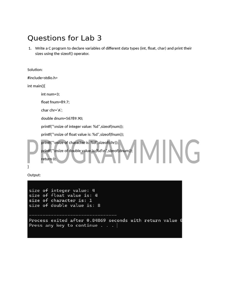 C Programming Lab Exercises and Solutions | PDF | Integer (Computer ...