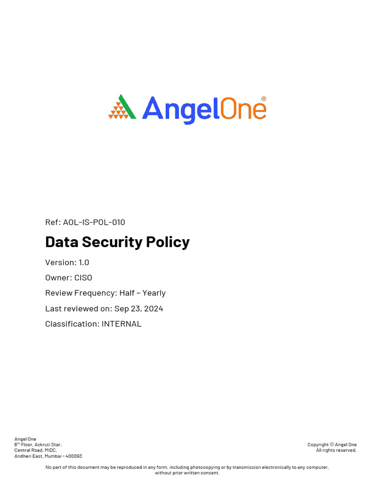 AOL-Is-POL-010 - Data Security Policy V1.0 | PDF | Information Security | Encryption