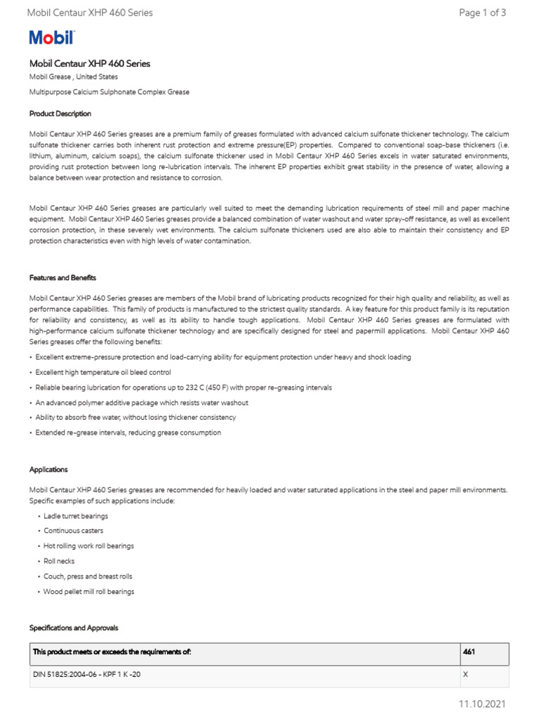 Grease - Mobil Centaur XHP 460 Series (Calsium Sulfonate) | PDF ...