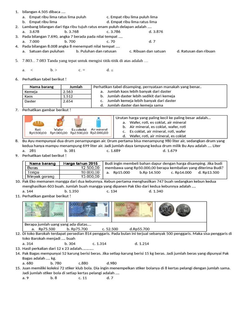Soal Kisi-Kisi MTK Kelas 4 | PDF
