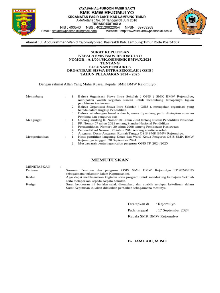 SK Pengurus Osis 2024-2025 | PDF