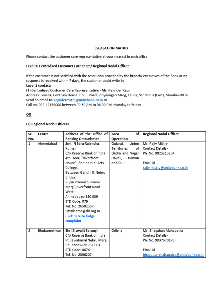 Unity Bank Grievance Escalation Matrix | PDF
