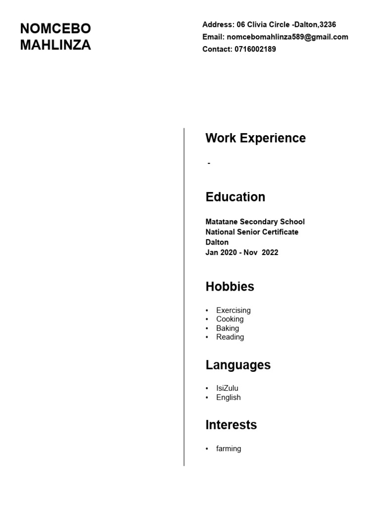 Nomcebo Mahlinza's Resume Summary | PDF