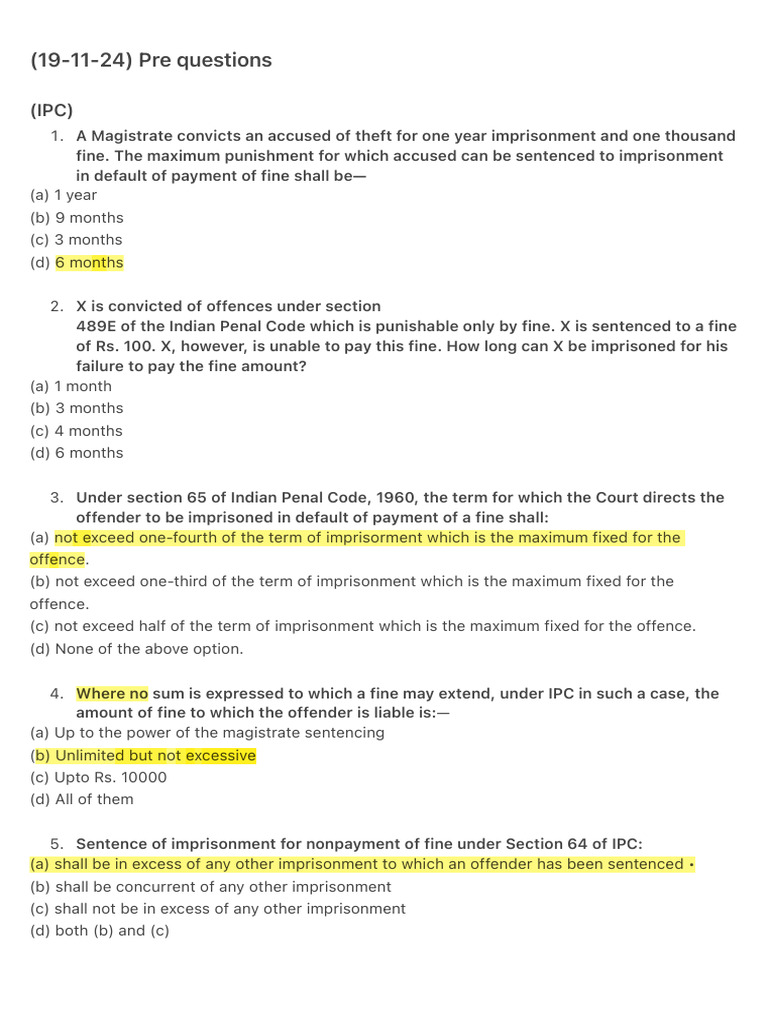(19-11-24) Pre questions | PDF | Fine (Penalty) | Magistrate