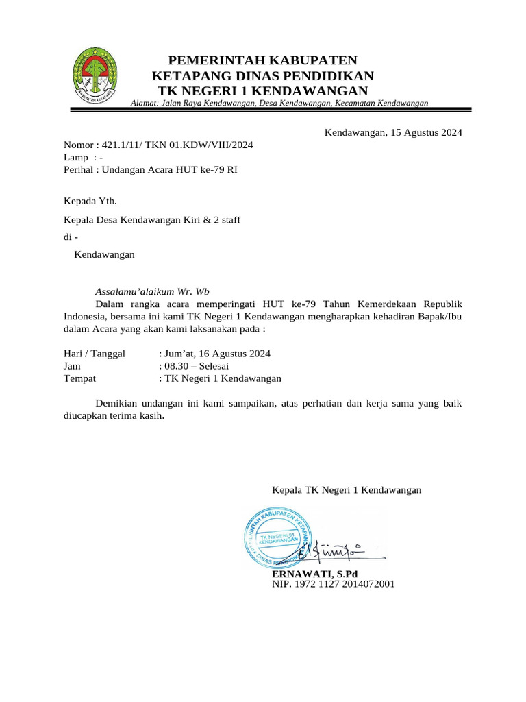 Undangan HUT ke-79 RI di TK Kendawangan | PDF