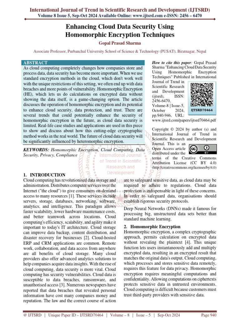 Enhancing Cloud Data Security Using Homomorphic Encryption Techniques | PDF | Encryption ...