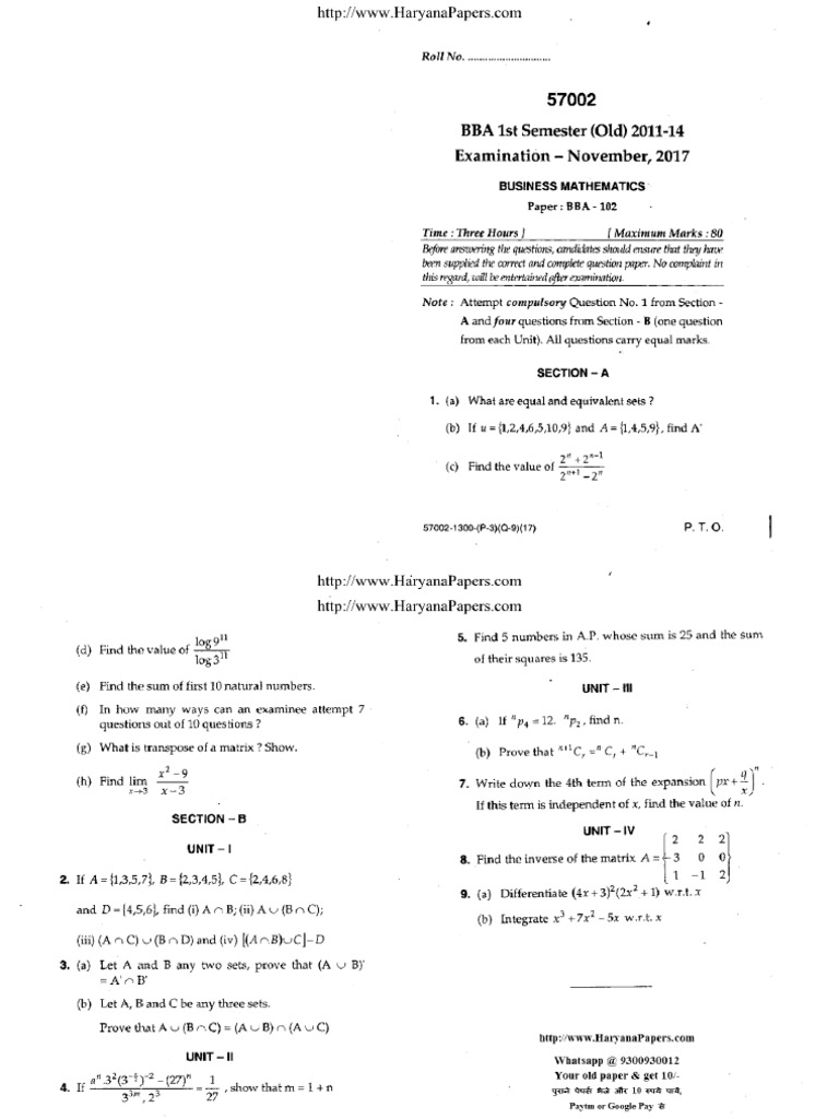Bba 1 Sem Business Mathematics 57002 Dec 2017 | PDF