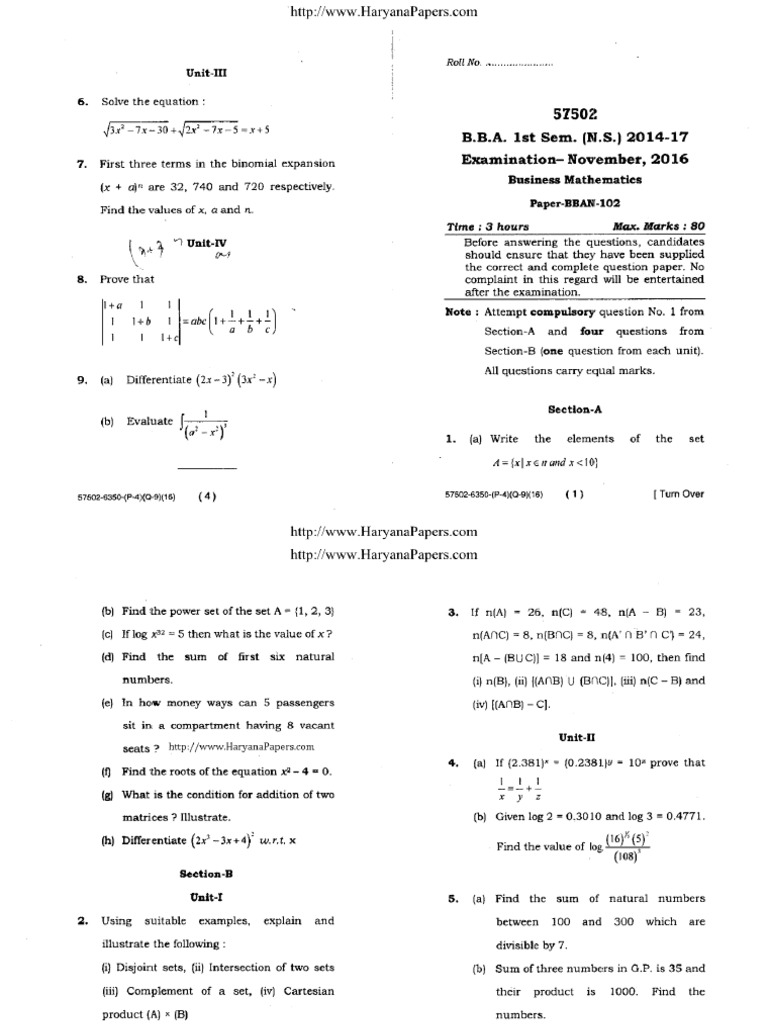 Bba 1 Sem Business Mathematics 57502 Dec 2016 | PDF