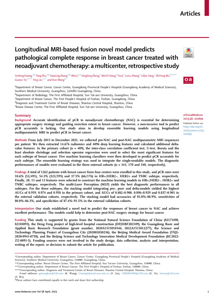 Longitudinal MRI-based Fusion Novel Model Predicts | PDF | Breast ...