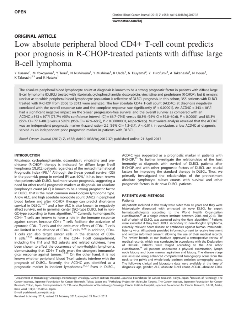 Low Absolute Peripheral Blood CD4 T-Cell Count Pre | PDF | Lymphoma ...