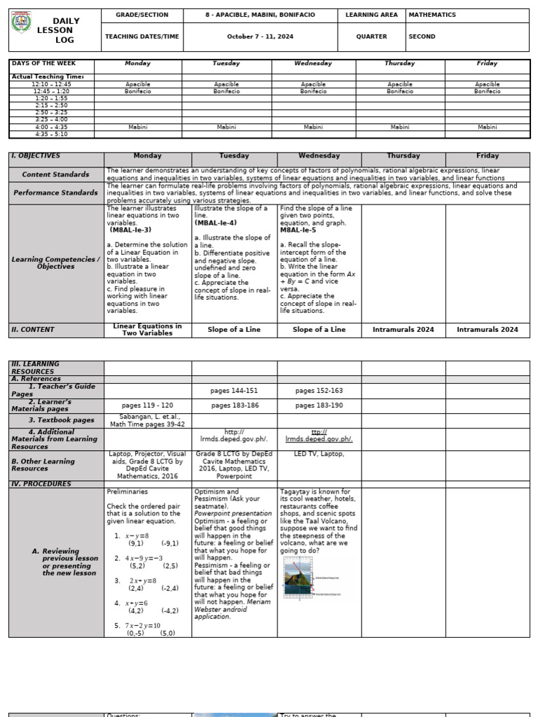 MATH-8-DLL-WEEK3 | PDF | Equations | Slope