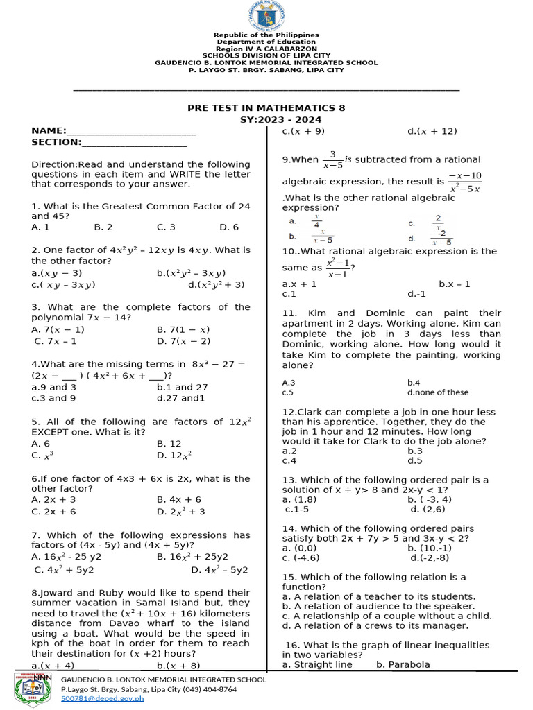 MATH DIAGNOSTIC TEST | PDF | Elementary Mathematics | Euclidean Geometry