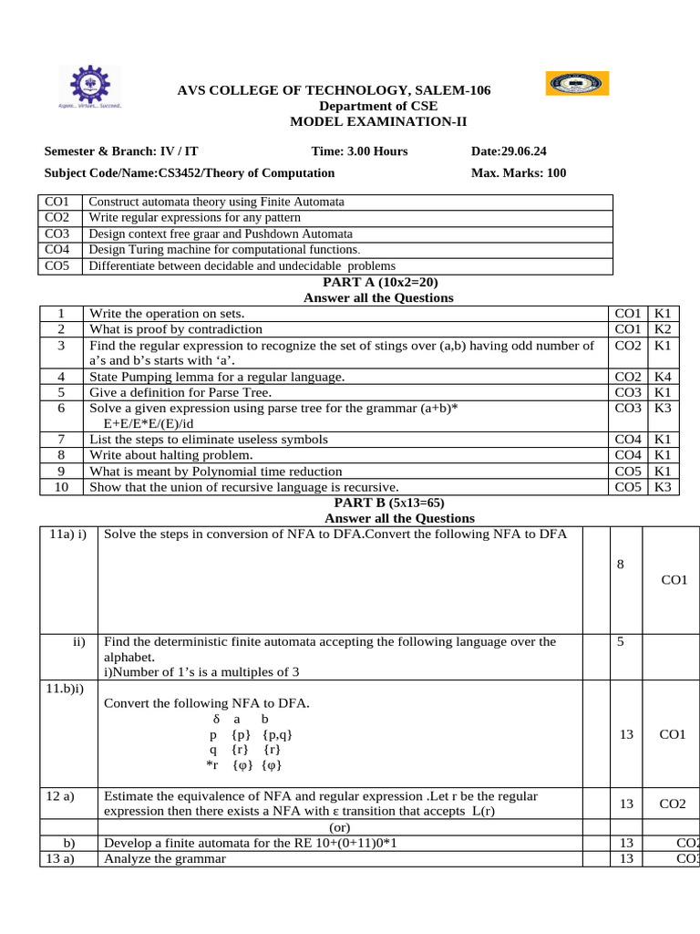 model 2 qn | PDF | Automata Theory | Theoretical Computer Science